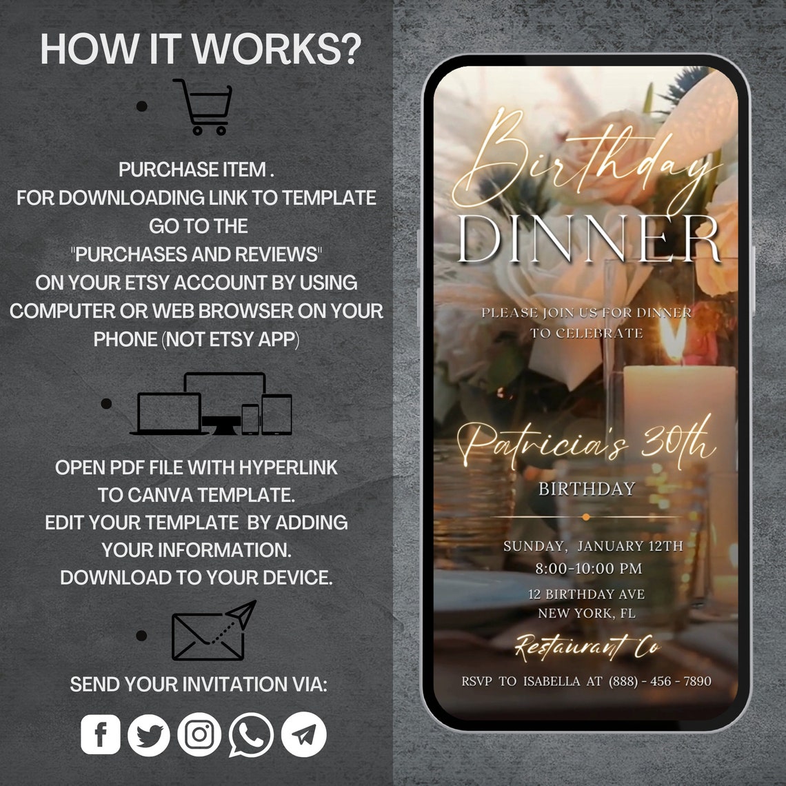 Digital Birthday Dinner Invitation Editable Template Animated Video ...