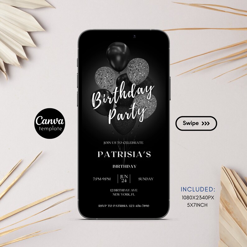Editable Birthday Invitation Template Digital Invite Black Birthday ...