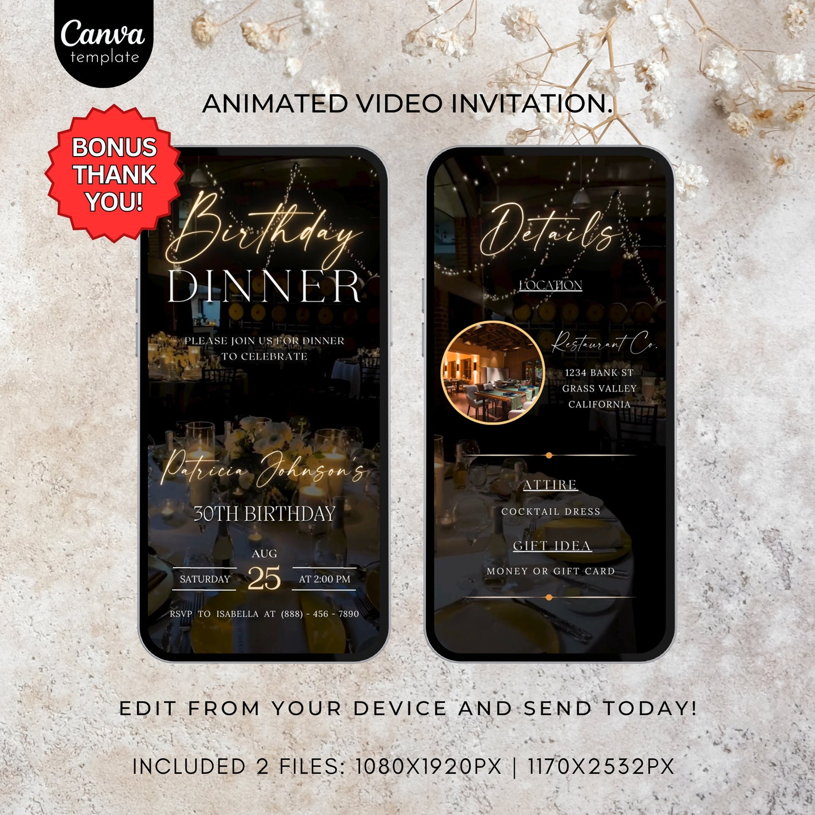 Birthday Dinner Video Invitation Editable Template Animated Birthday ...