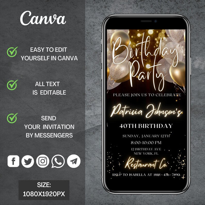 Editable Black and Gold Birthday Party Invitation Template - Etsy