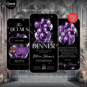 Birthday Party Invitation, Purple Silver Digital Glam Dinner Invite ...