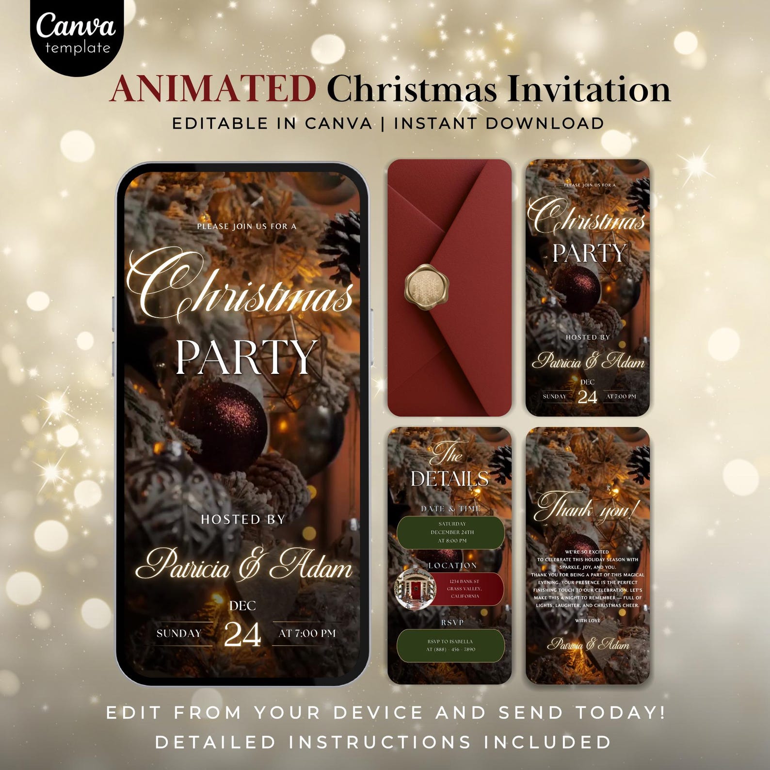 Elegant Animated Christmas Invitation, Luxury Holiday Party Template ...