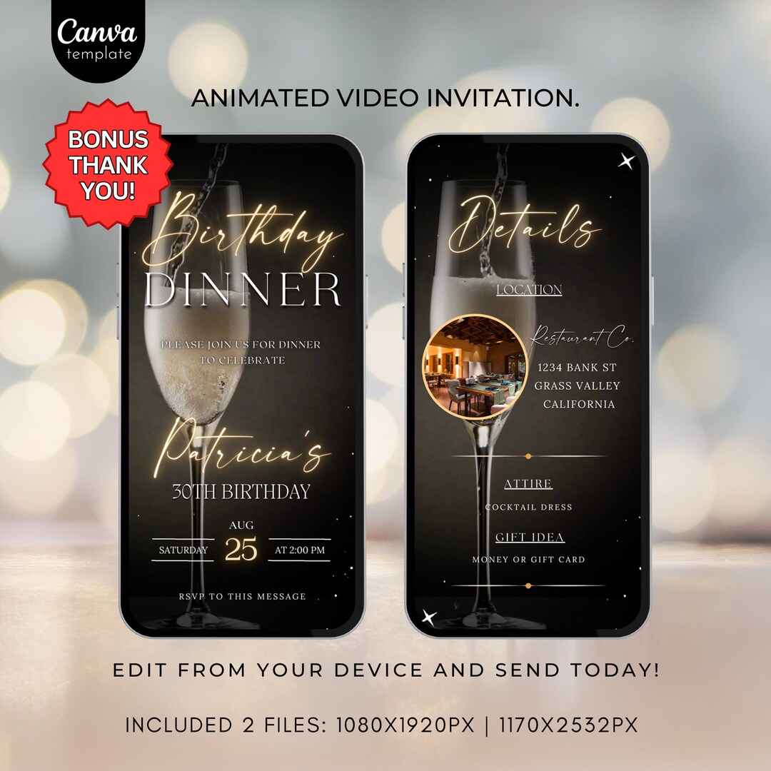 Digital Birthday Dinner Invitation Editable Template Animated Video ...