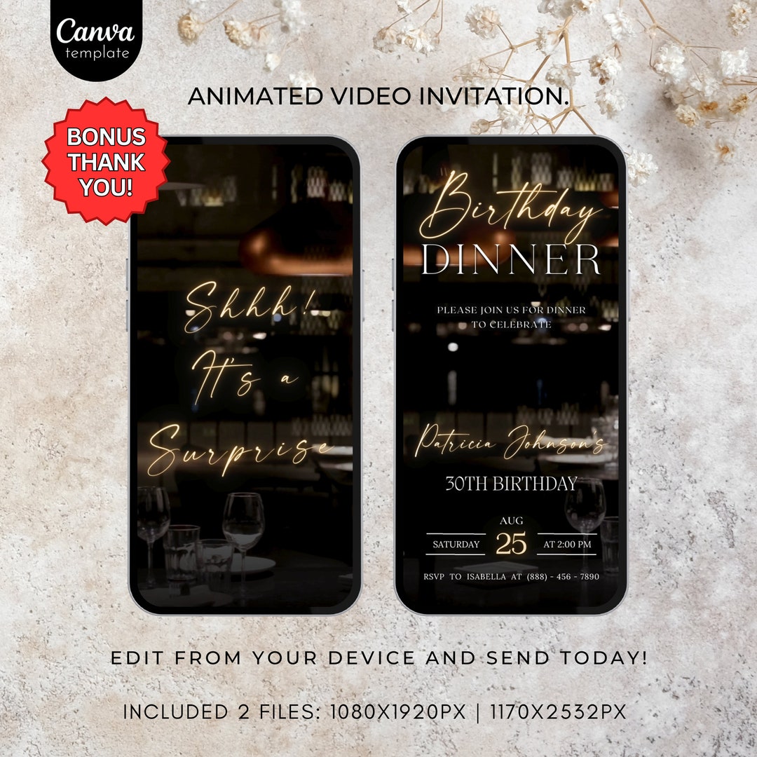 Surprise Birthday Dinner Invitation, Digital Party Invite Video ...