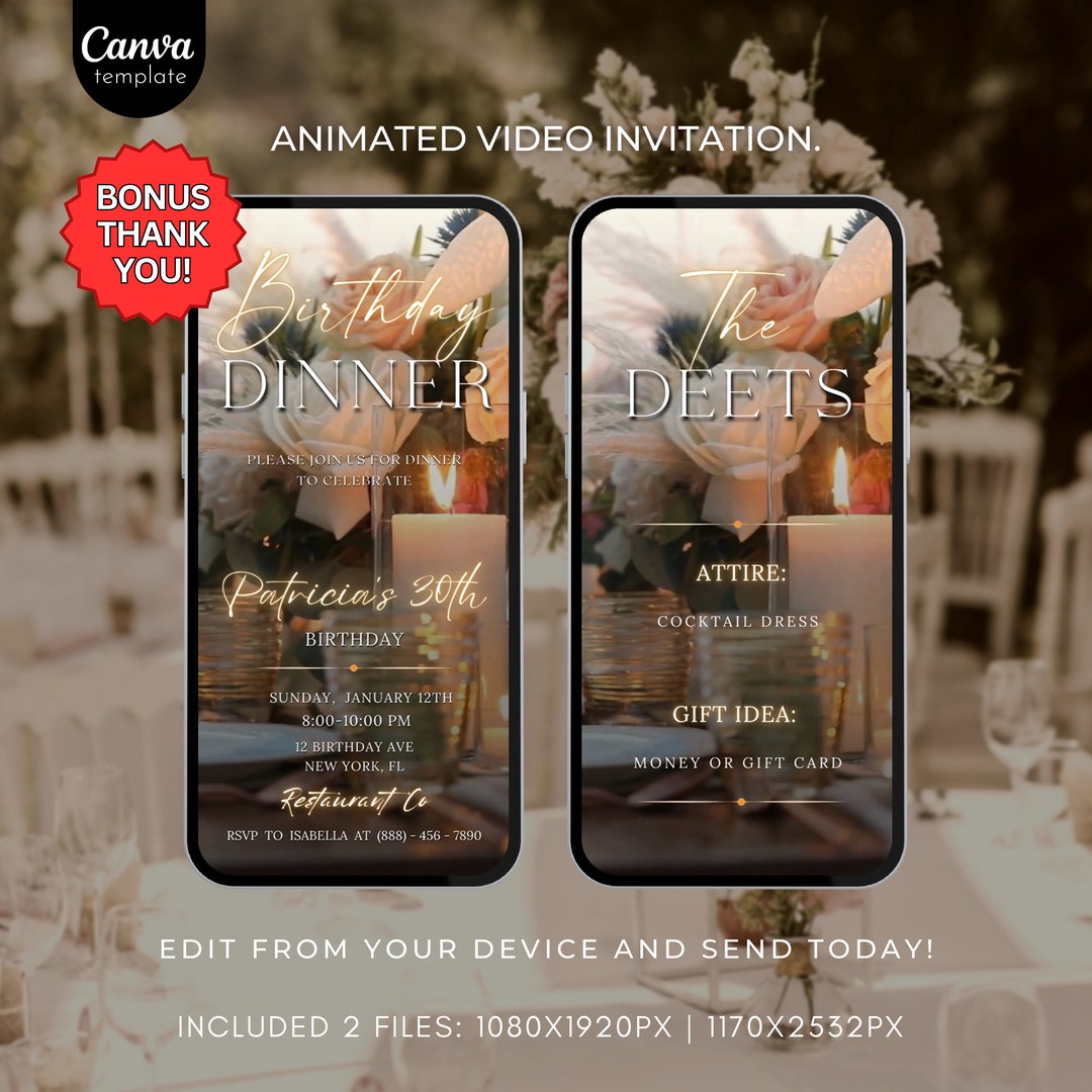 Digital Birthday Dinner Invitation Editable Template Animated Video ...