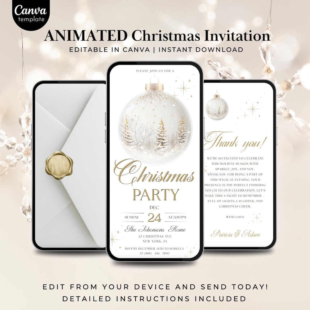Elegant Animated Christmas Party Invitation Template, White and Gold ...