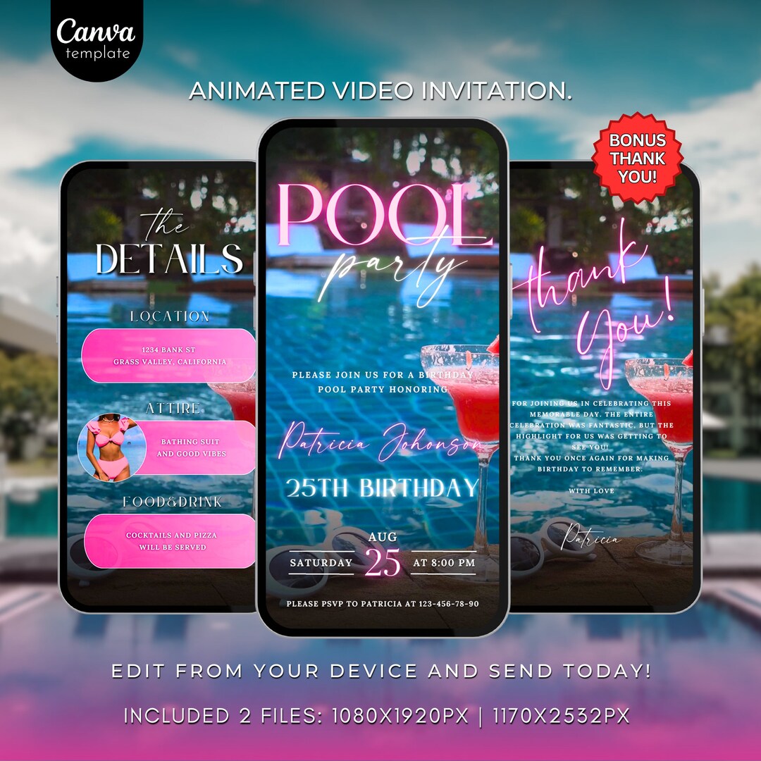 Pool Party Birthday Invitation, Pool Party Animated Digital Invite, Bbq ...