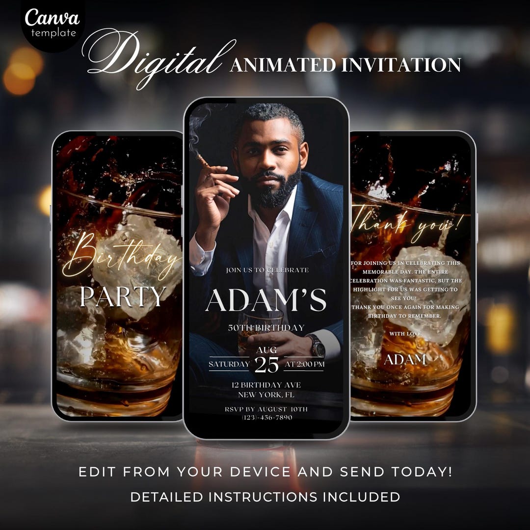 Animated Birthday Dinner Invitation, DIY Template Design, Men's Party ...