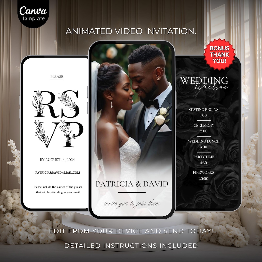 Black and White Video Wedding Invite Template, Editable Animated ...
