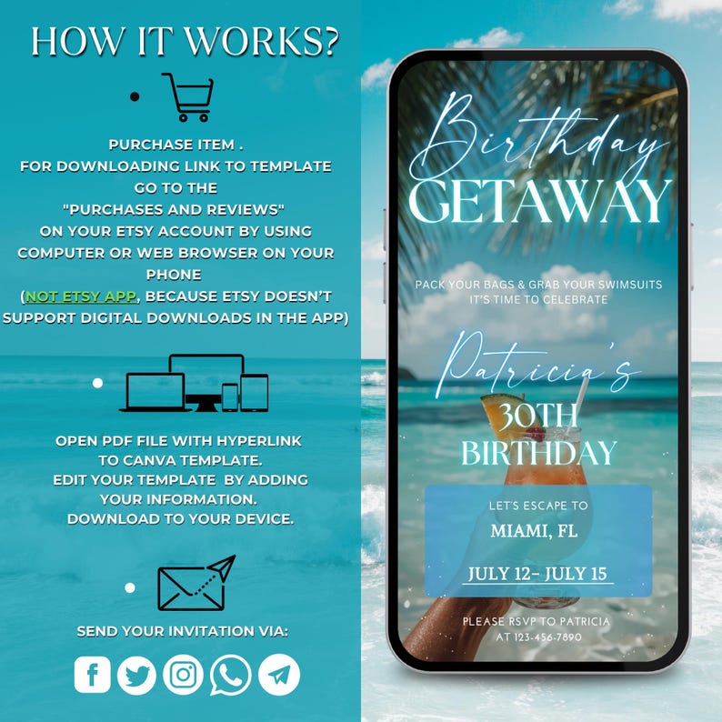 Birthday Getaway Girls Trip Invitation, Editable Tropical Travel ...