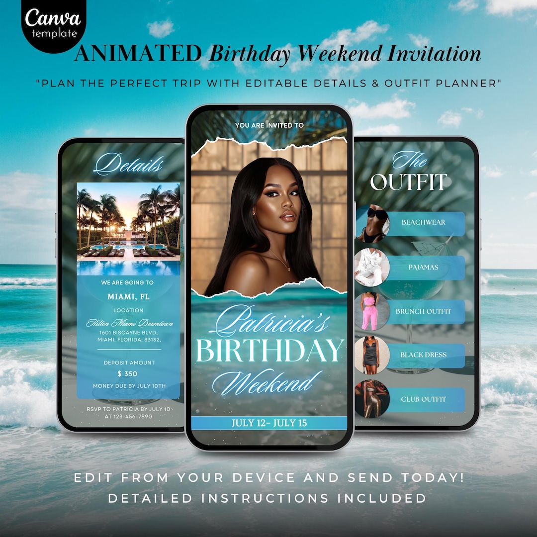 Birthday Weekend Girls Trip Invitation, Editable Canva Travel Itinerary ...