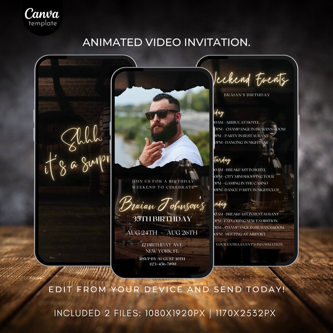 Digital Men's Birthday Weekend Invitation Editable Template With Photo ...