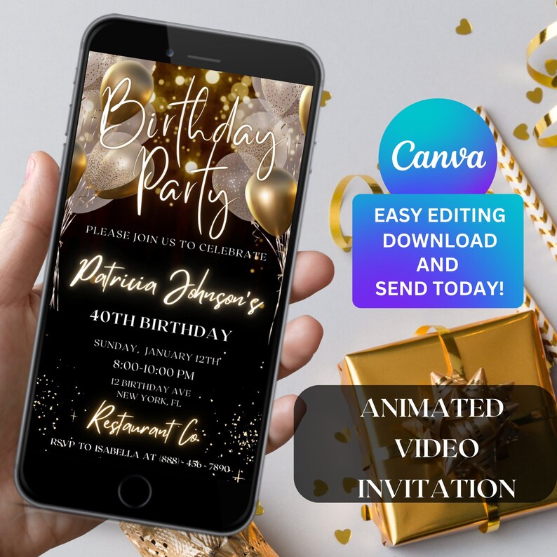 Editable Black and Gold Birthday Party Invitation Template - Etsy