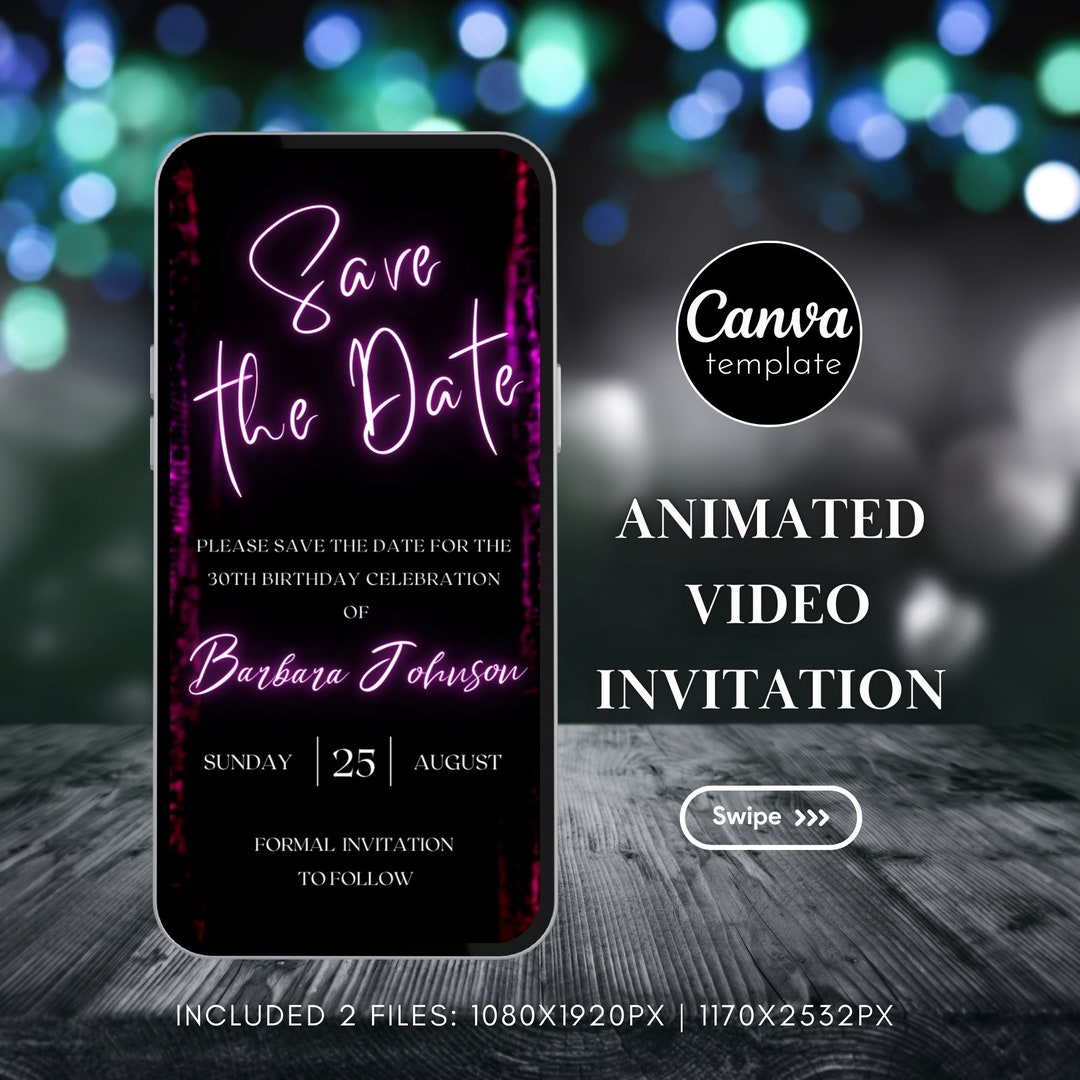Editable Black Pink Neon Save the Date Animated Video Invitation for ...