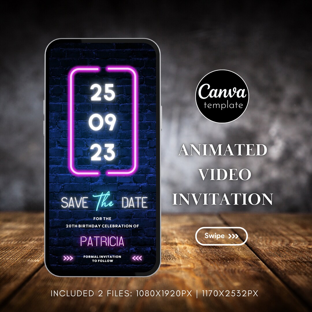 Digital Save the Date Animated Video Invitation Blue Pink Neon Light ...