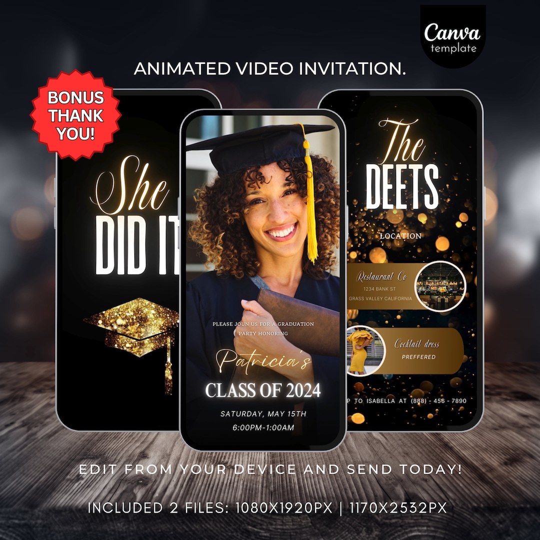 Digital Class of 2024 Graduation Party Invitation Video, Animated Gold ...