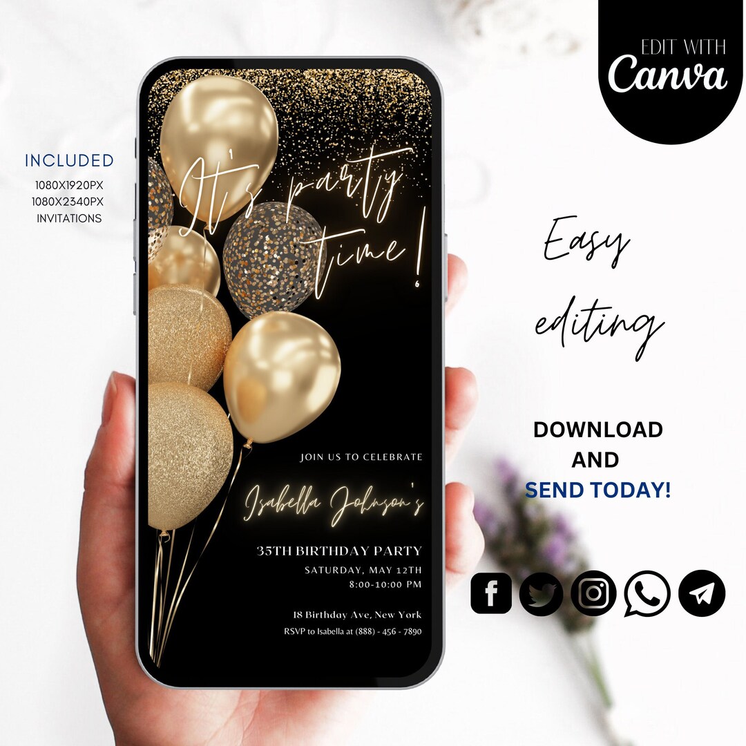 Birthday Party Digital Invitation Template Black and Gold Mobile Phone ...
