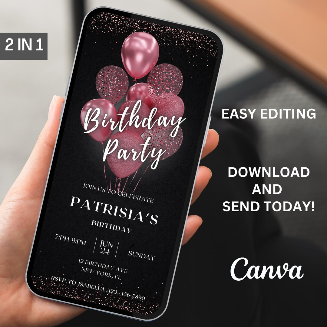 Digital Birthday Invitation Template Editable Pink Birthday Party ...