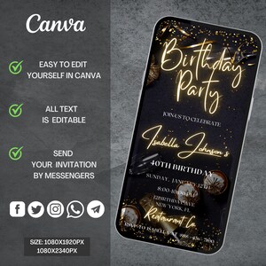 Birthday Party Digital Invitation Template Black and Gold Mobile Phone ...