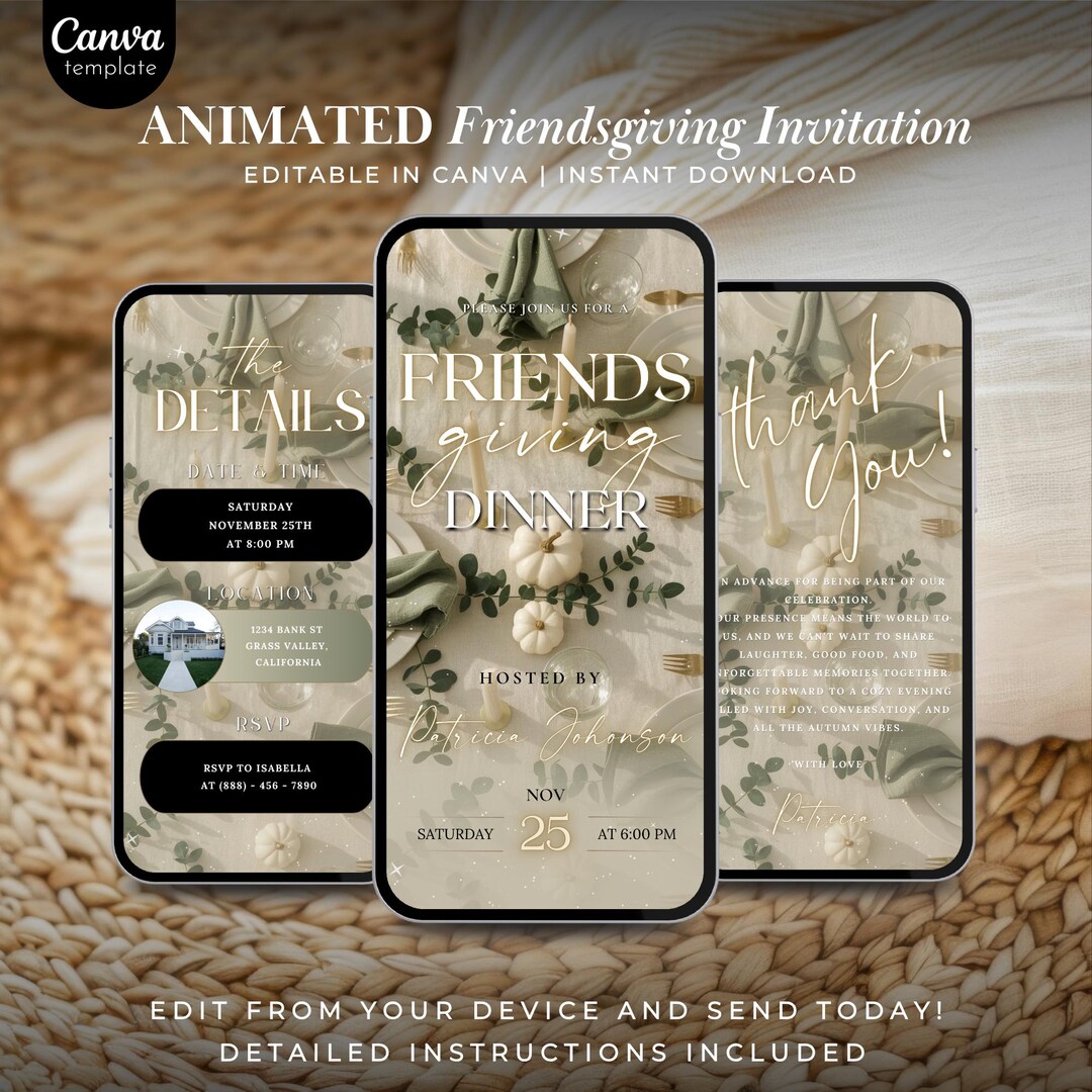Friendsgiving Dinner Invitation Template | Cozy Green Botanical Fall ...