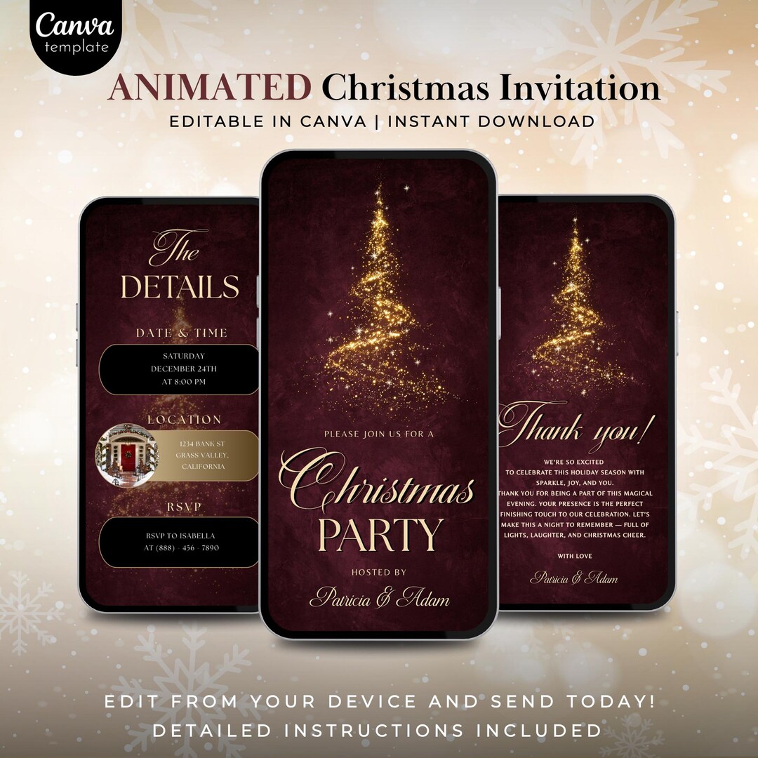 Luxury Animated Christmas Invitation | Burgundy and Gold Holiday Party ...
