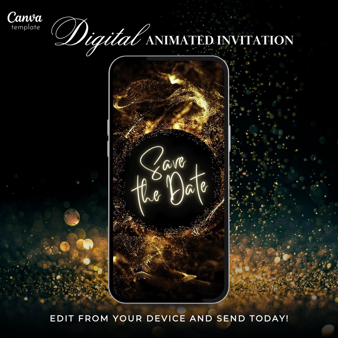 Digital Black Gold Neon Save the Date Animated Video Invitation for ...