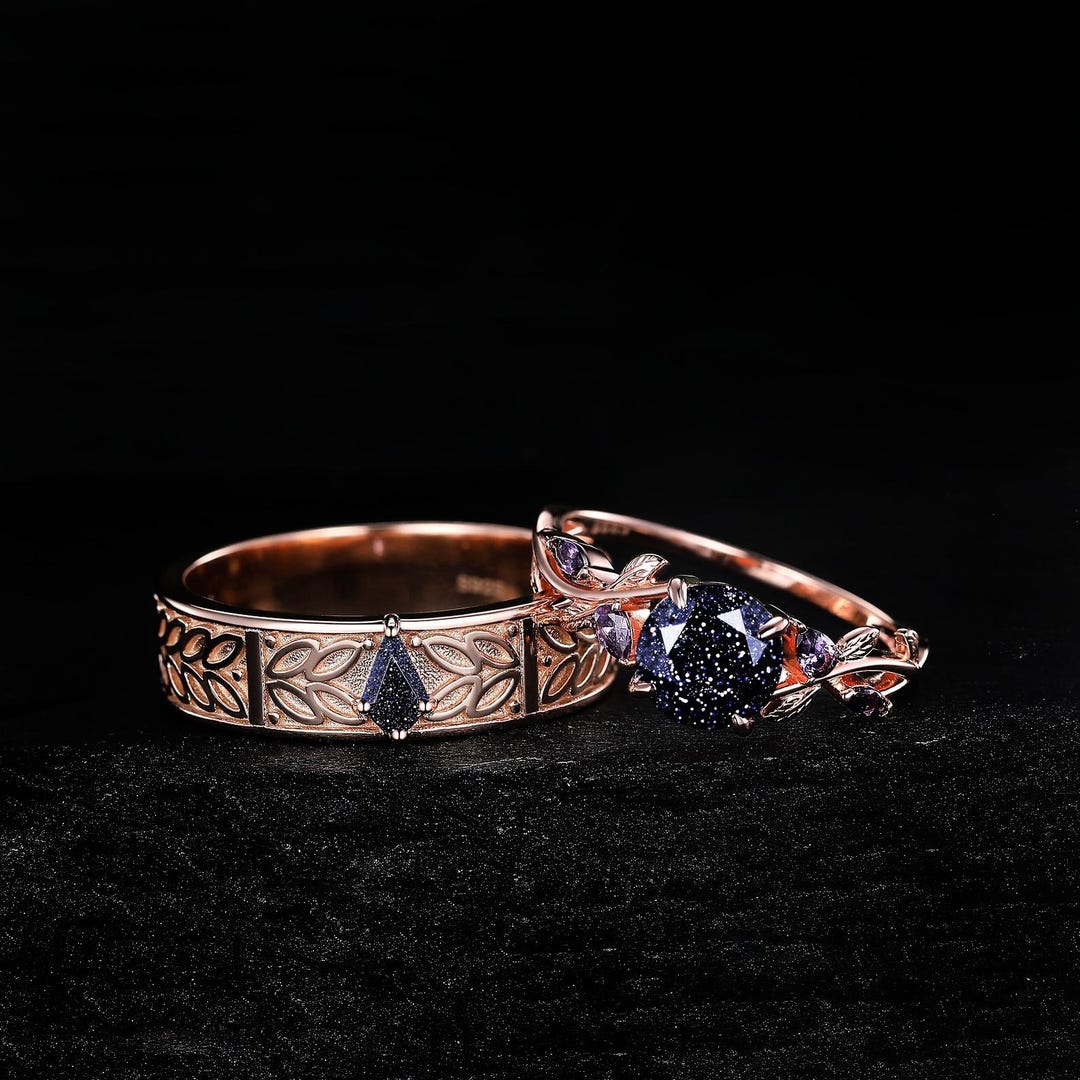 Blue Sandstone Couple Ring Set: Orion Nebula Wedding Band With Amethyst ...
