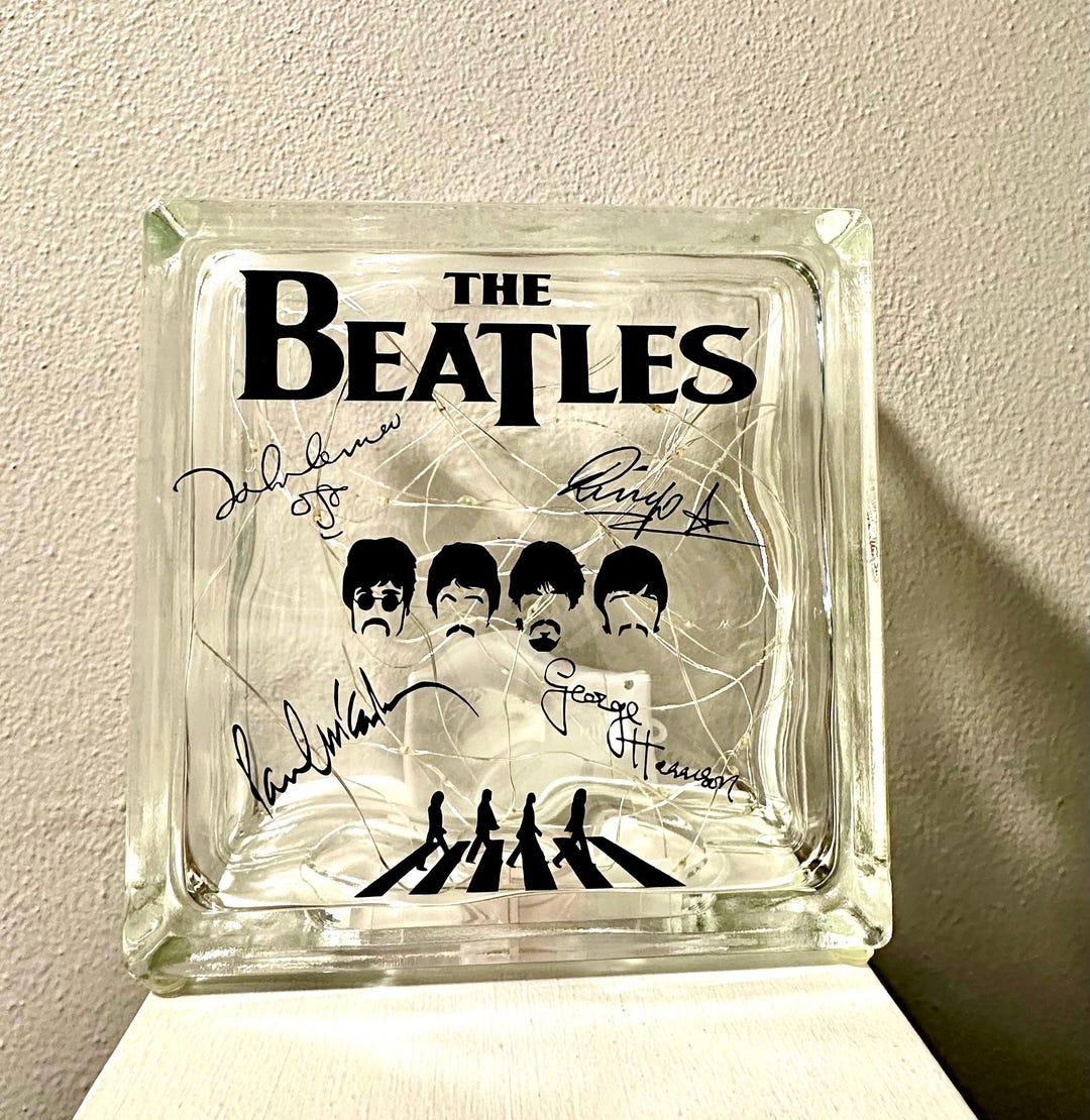 Beatles Themed Lighted Glass Block - Shows "signatures" and A Likeness ...