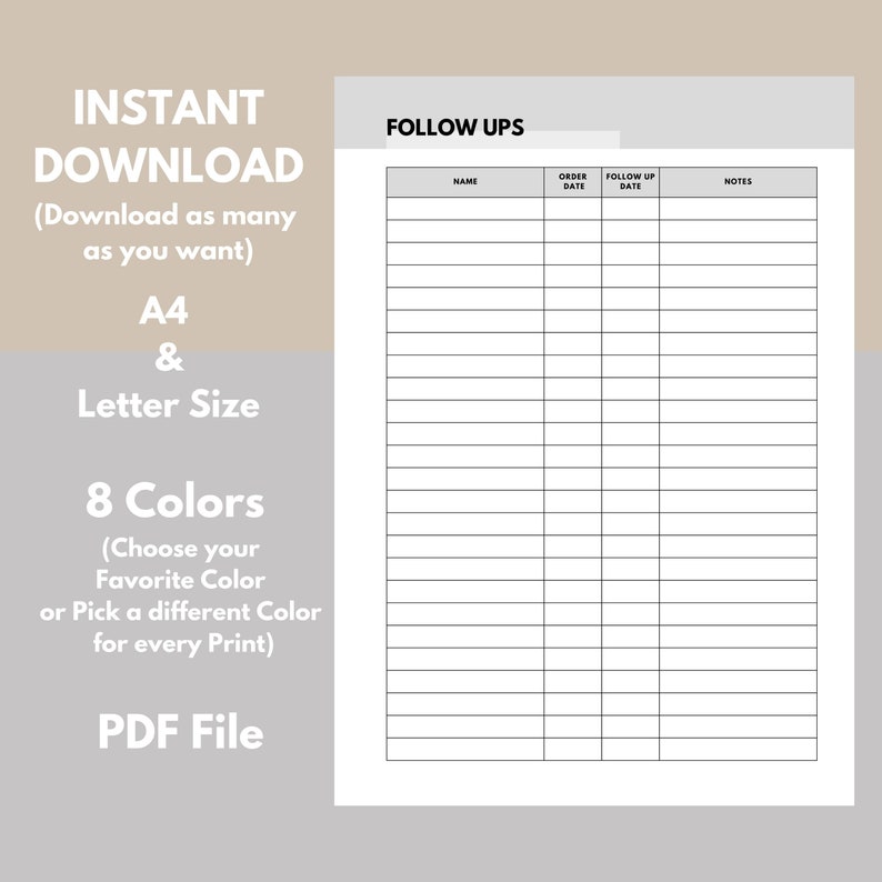 Printable Follow up Tracker, Follow up Sheet, Small Business, Customer ...
