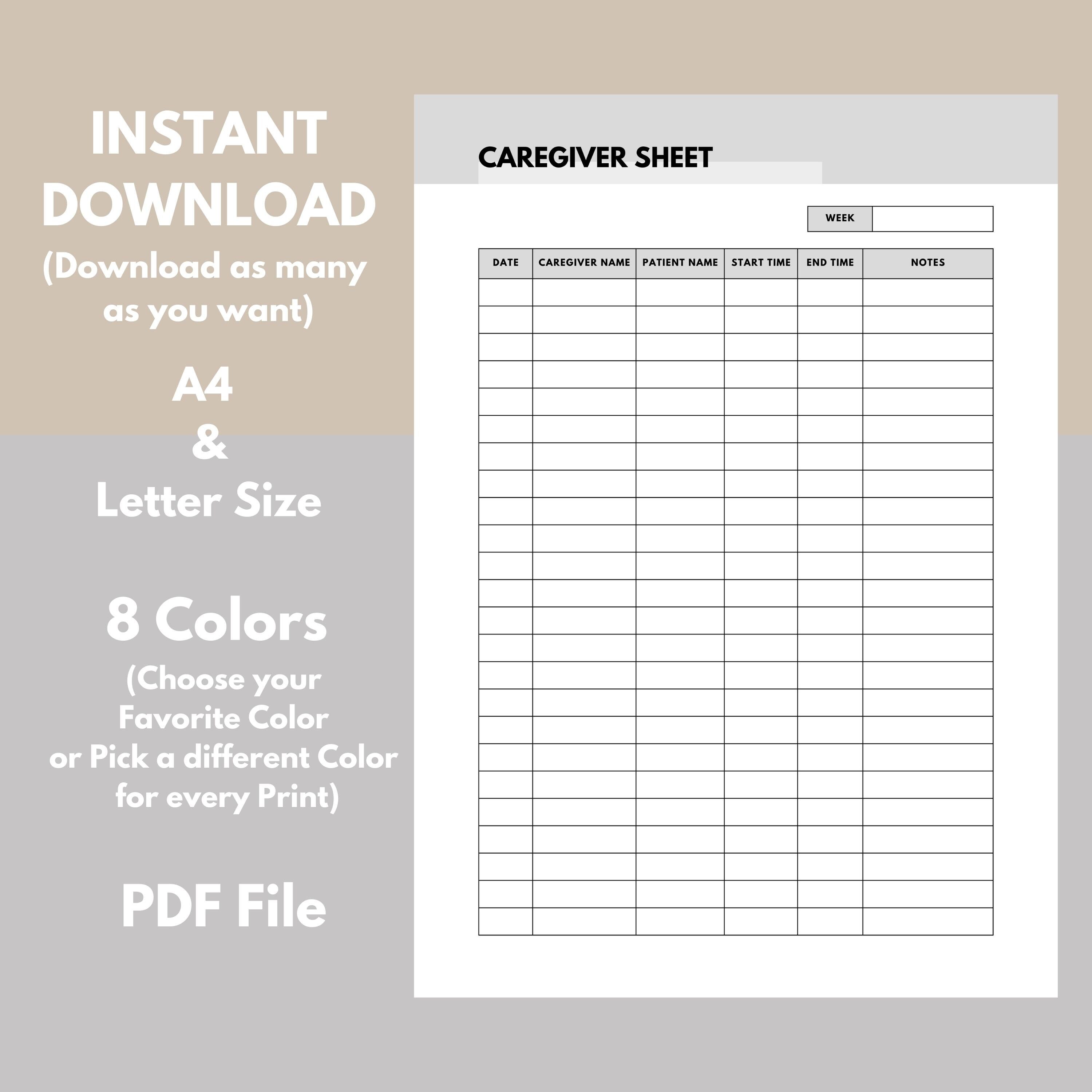 Caregiver Time Sheet, Caregiver Log, Caregiver Checklist, Caregiver ...