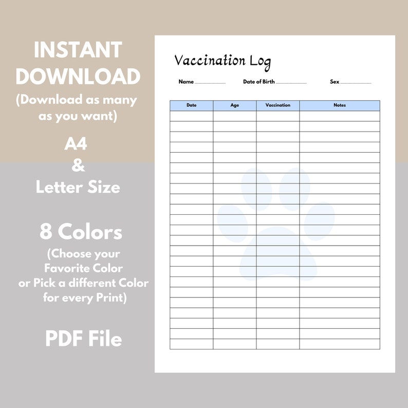 Printable Pet Vaccination Log: Dog & Cat Record (PDF Download) - Etsy