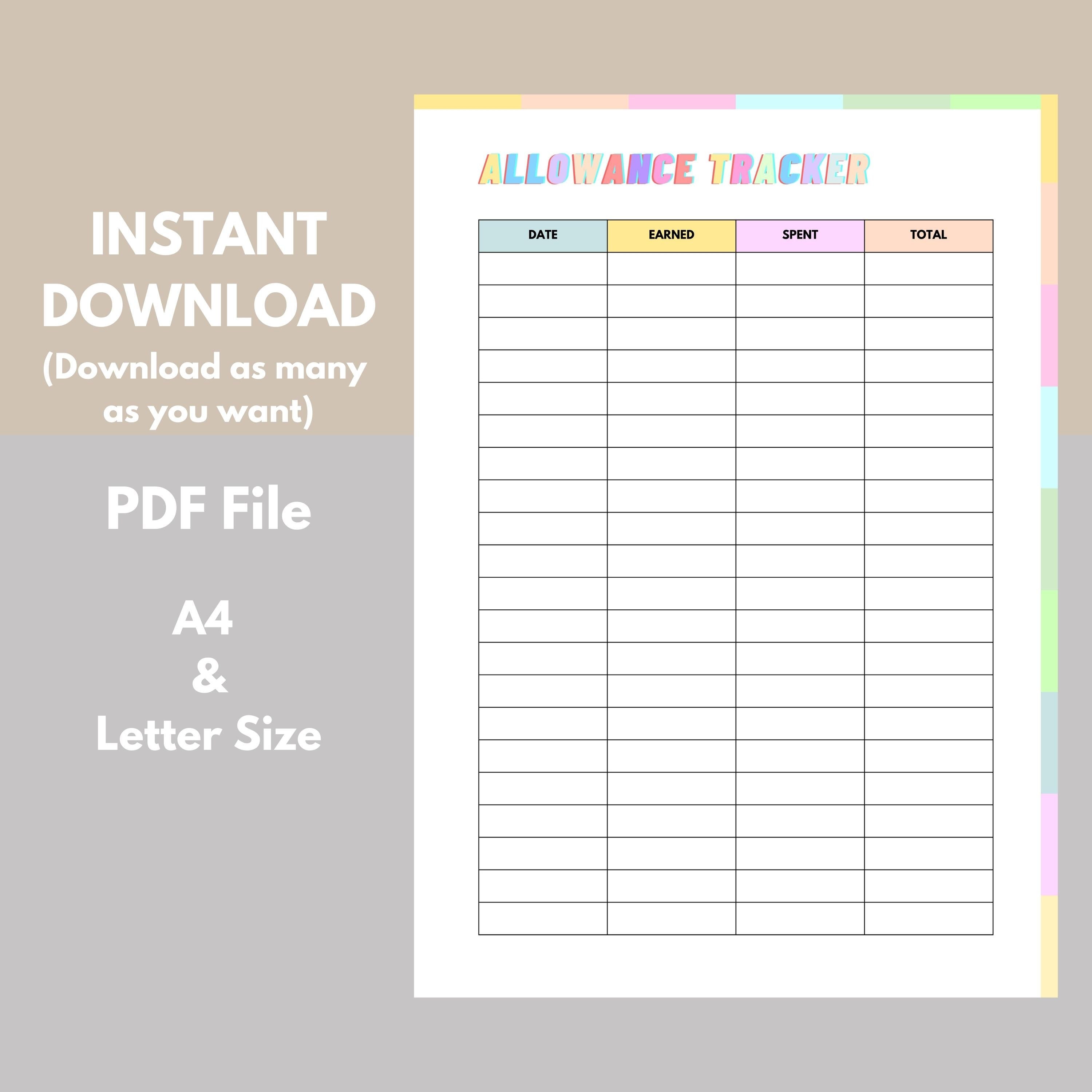Printable Kids Allowance Tracker, Kids Savings Log, Kids Allowance ...