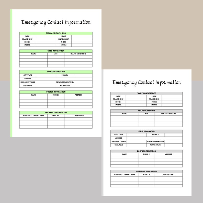 Printable Emergency Contact Info, Emergency Contact List, Printable ...