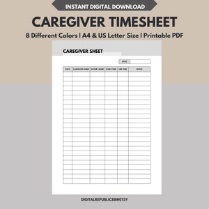 Caregiver Time Sheet, Caregiver Log, Caregiver Checklist, Caregiver ...