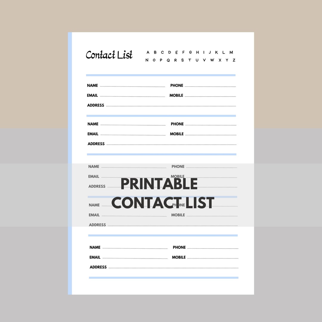 Printable Contact List, Printable Address Book, Address Log, Contact ...