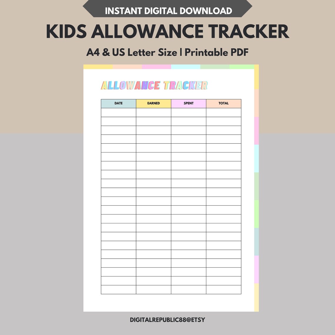 Printable Kids Allowance Tracker, Kids Savings Log, Kids Allowance ...