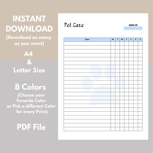 Printable Pet Care Chart | Weekly Pet Care Planner | Dog Care | Cat ...