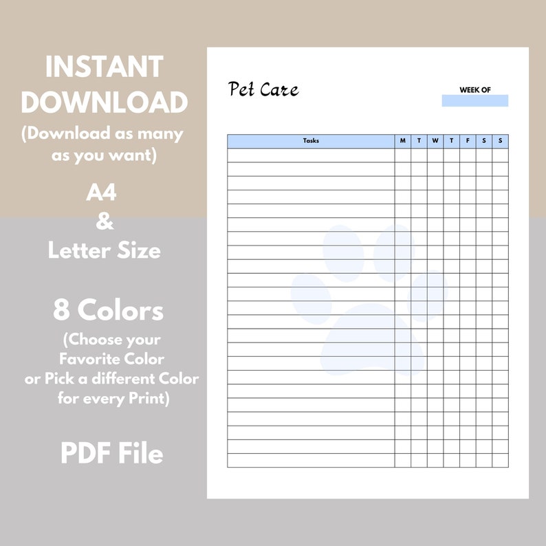 Printable Pet Care Chart | Weekly Pet Care Planner | Dog Care | Cat Care | Pet Planner | Pet ...