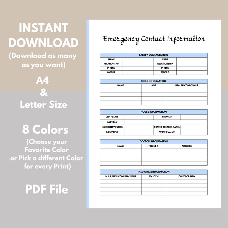 Printable Emergency Contact Info Emergency Contact List - Etsy