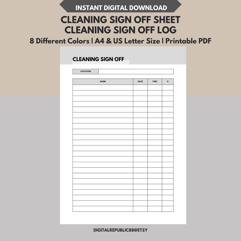 Printable Cleaning Sign-off Sheet, Cleaning Schedule, Cleaning ...