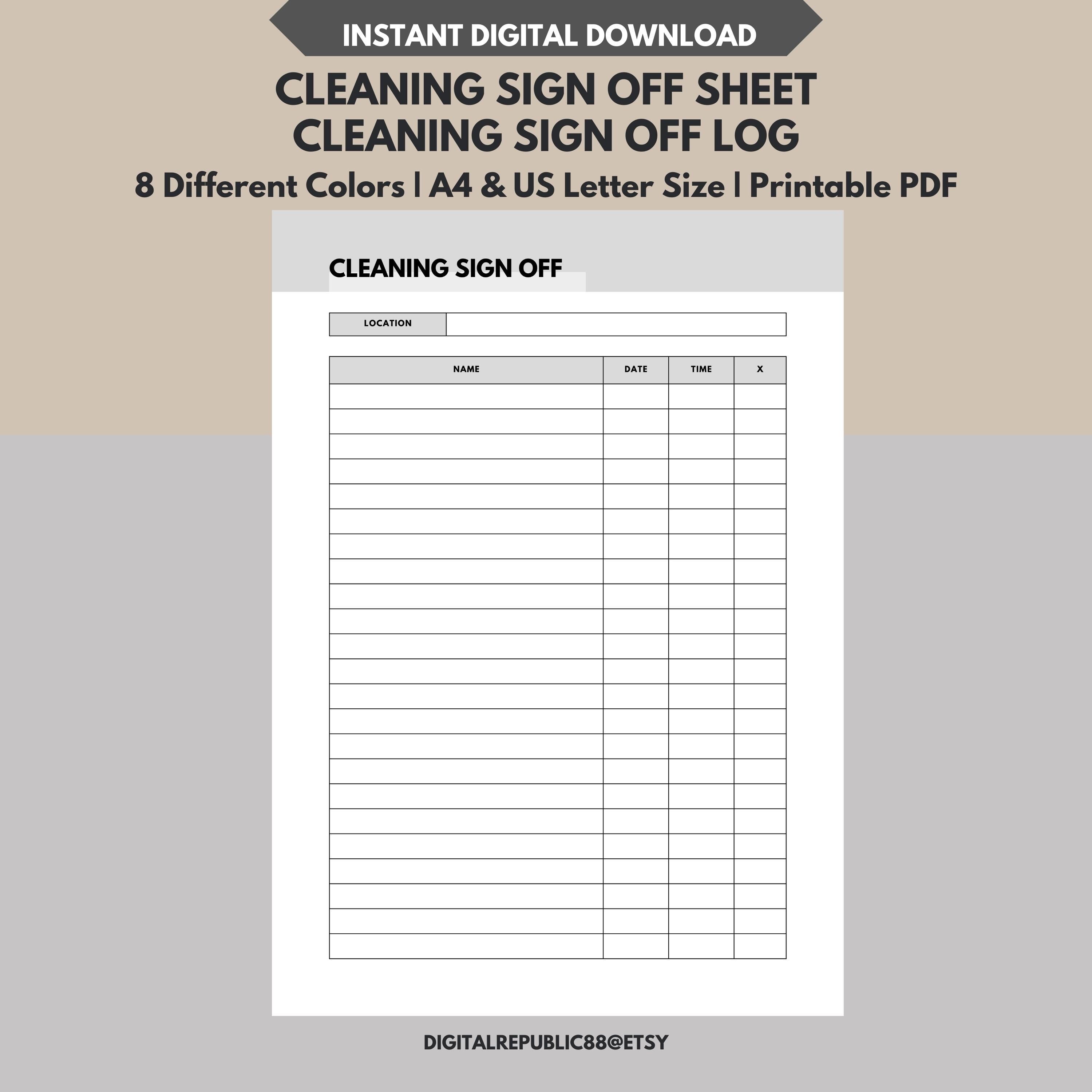 Printable Cleaning Sign-off Sheet, Cleaning Schedule, Cleaning ...