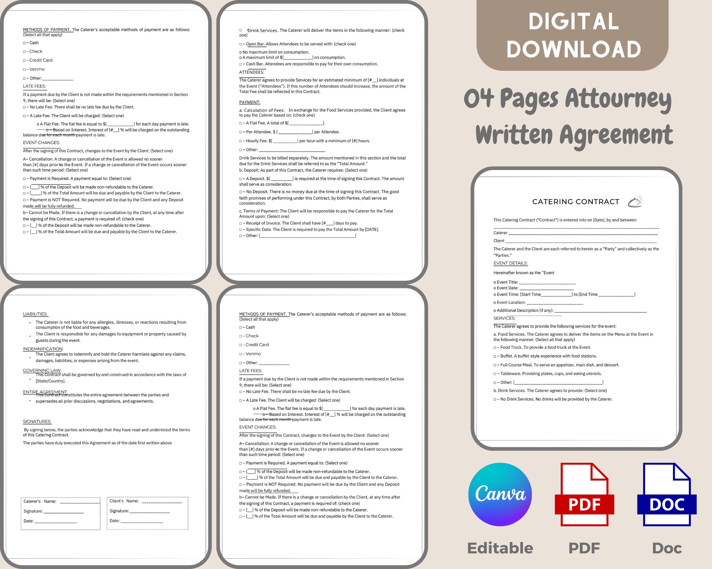 Editable Catering Contract Template: Order Form & Invoice (canva) - Etsy