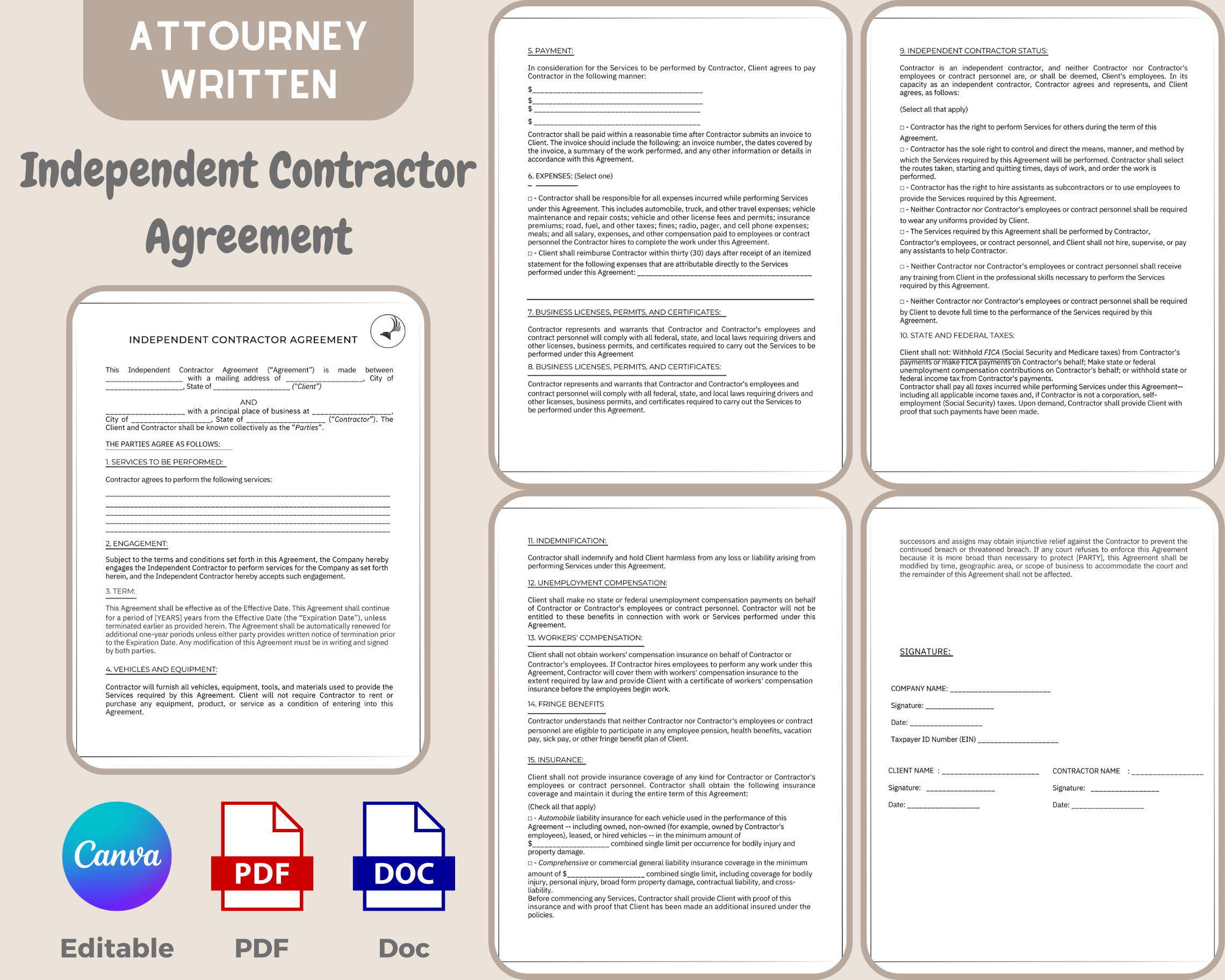 Independent Contractor Agreement Template Printable. Editable ...