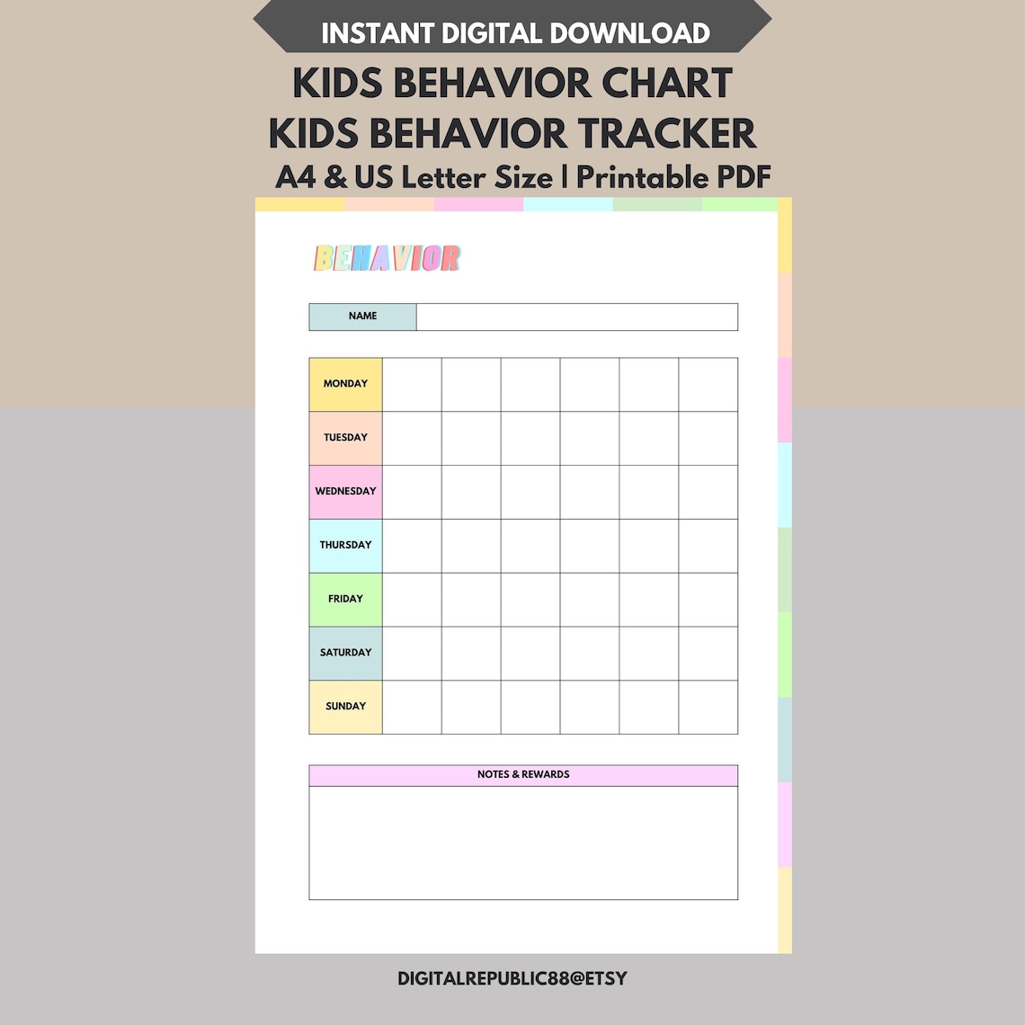 Printable Kids Behavior Chart, Kids Reward Chart, Kids Responsibility ...