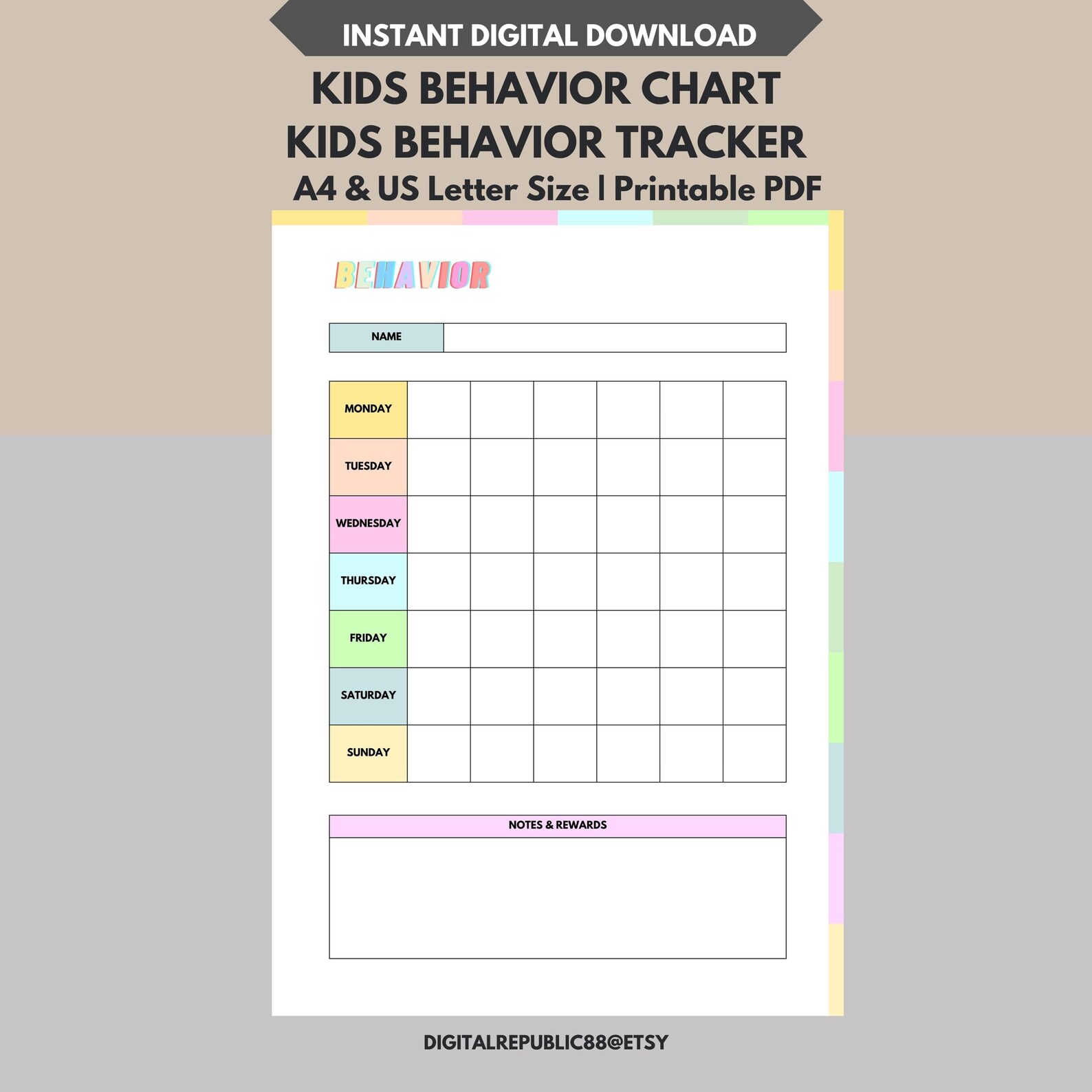 Printable Kids Behavior Chart, Kids Reward Chart, Kids Responsibility ...