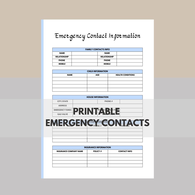 Printable Emergency Contact Info, Emergency Contact List, Printable ...