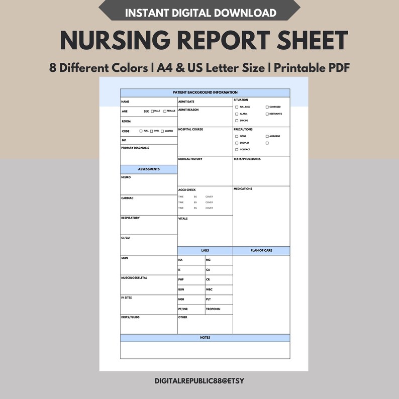 Printable Nursing Report Sheet: ICU Patient Report (A4/US Letter) - Etsy