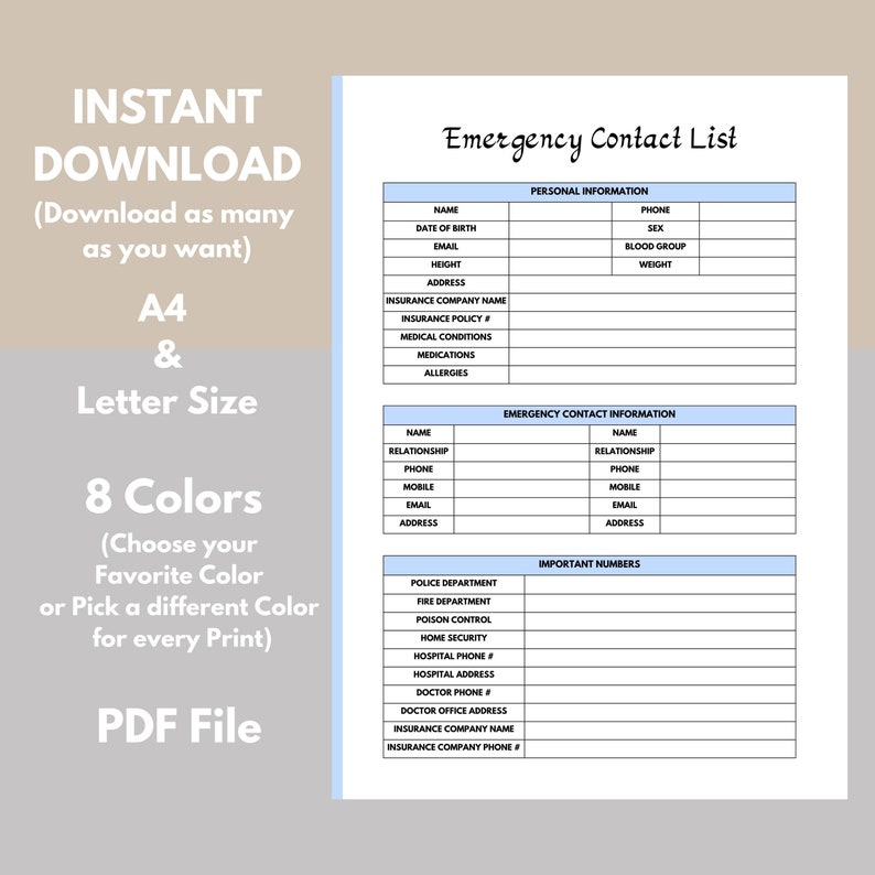 Printable Emergency Contact List, Emergency Contact Information ...