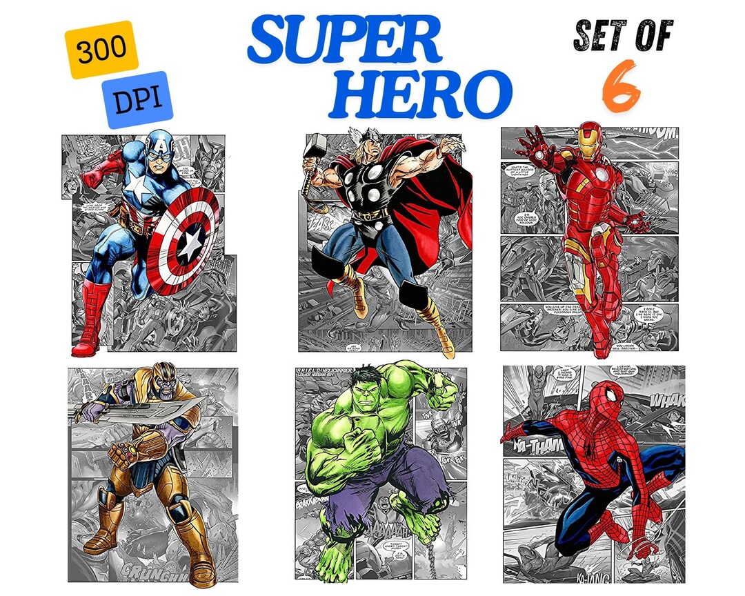 Set of 6 , Super Heroes Poster Room Decor Spiderman Hulk Captain ...