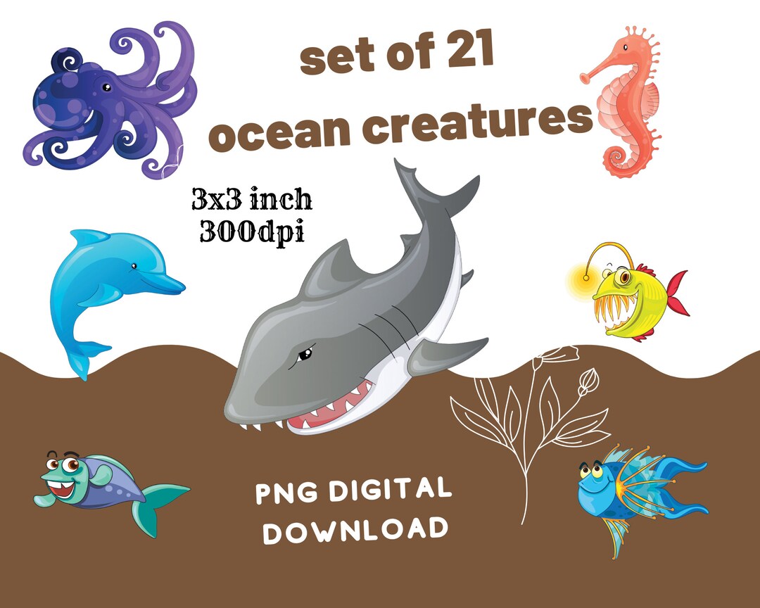 Set of 21 Large Ocean Creatures Sea Animals Clipart, Cute Ocean Animals ...